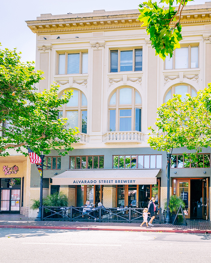 The historic building housing Alvarado Street Brewery stands proudly on Monterey's main drag. Architectural details from another era frame this modern culinary hotspot.