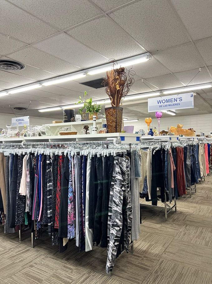 The women's section: where pants of every era line up like a fashion timeline from bell bottoms to skinny jeans.