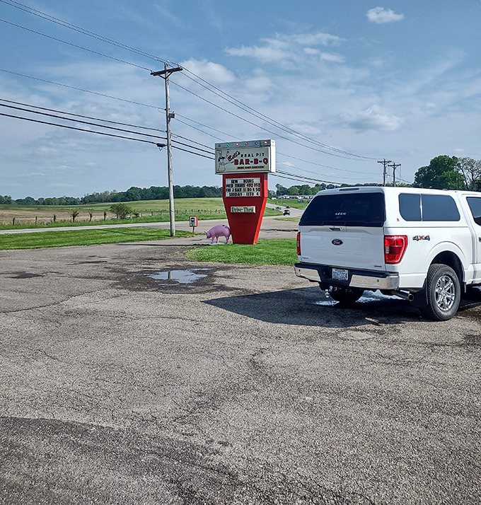 The view from the parking lot reveals rural Ohio's charm&mdash;complete with the restaurant's sign and its porcine guardian standing watch.