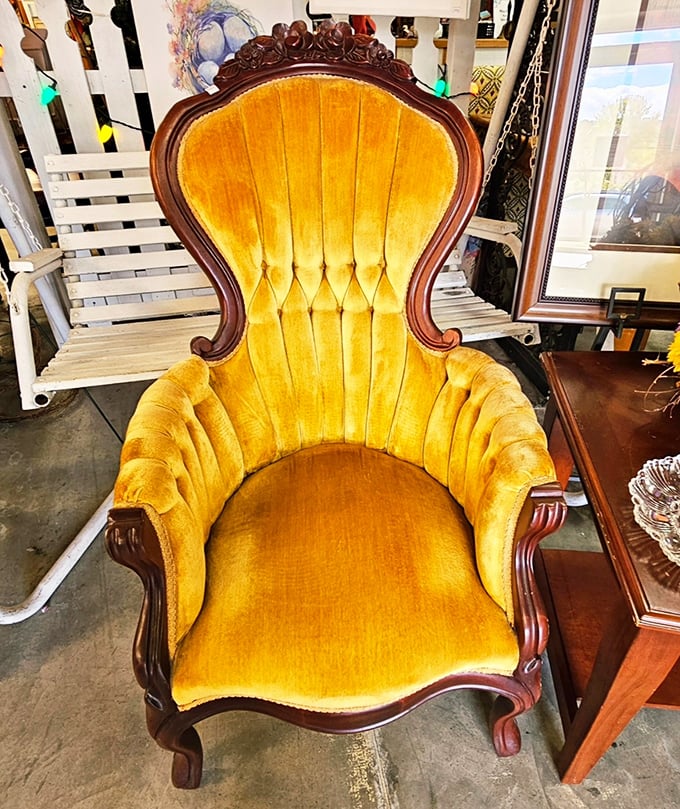 The golden throne of thrift store finds! This velvet chair isn't just seating&mdash;it's where you'll plot world domination while stroking an imaginary cat.