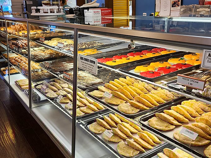 The bakery case displays fresh donuts, cookies, and pastries that mock any notion you had about eating light today.