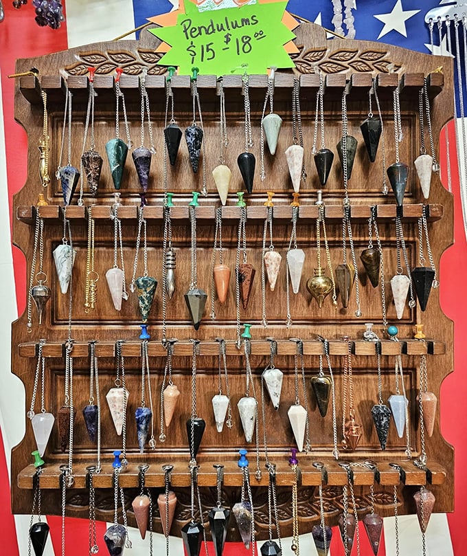 Crystal pendulums swinging with possibility. Whether you're a believer or just appreciate the craftsmanship, these pieces add mystical charm to any room.