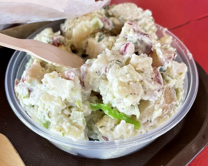 Potato salad that doesn't apologize for being exactly what it is—creamy, chunky, and the perfect sidekick to anything from the sea.