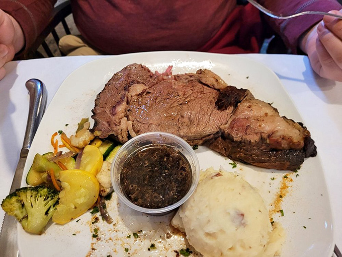 This prime rib doesn't just sit on the plate&mdash;it commands attention with juicy authority and a side of horseradish that means business.