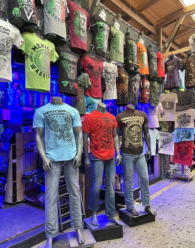 T-shirt gallery with serious attitude. "Mexican Warrior" designs showcase the market's cultural pride with bold graphic style.