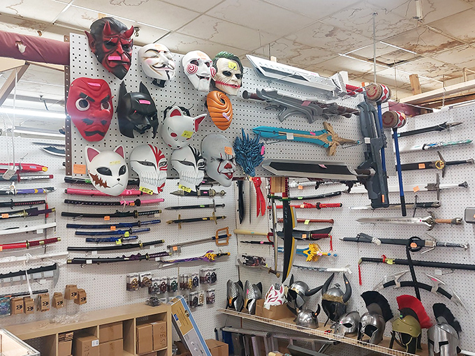 Behind every mask, a different character &ndash; this wall of faces and weapons would make any cosplayer or collector swoon.