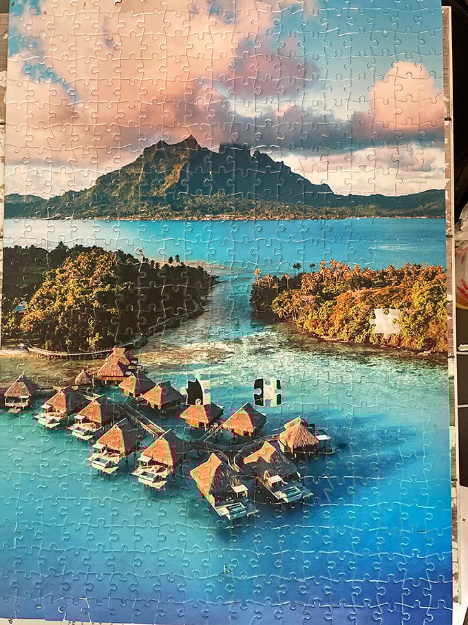 Someone's completed tropical paradise puzzle now awaits its next puzzler&mdash;piece count guaranteed, sanity not included.