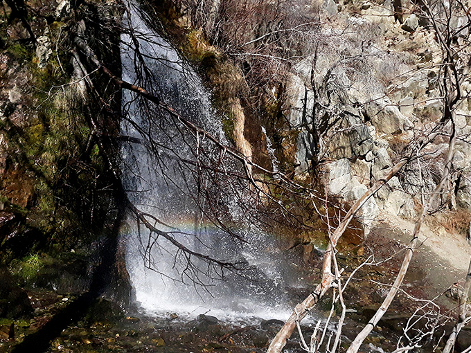 Winter's last stand creates a magical moment as sunlight catches the falling water, painting a fleeting rainbow across the rocky canvas.