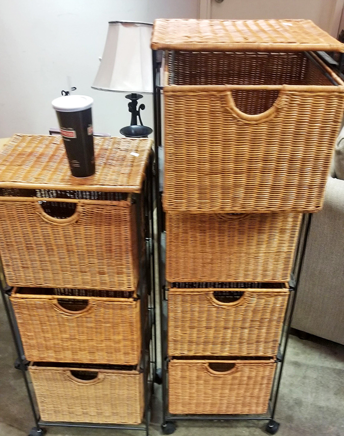 Storage solutions that don't sacrifice style. These rattan drawers could organize a chaotic home office or corral wayward bathroom supplies.