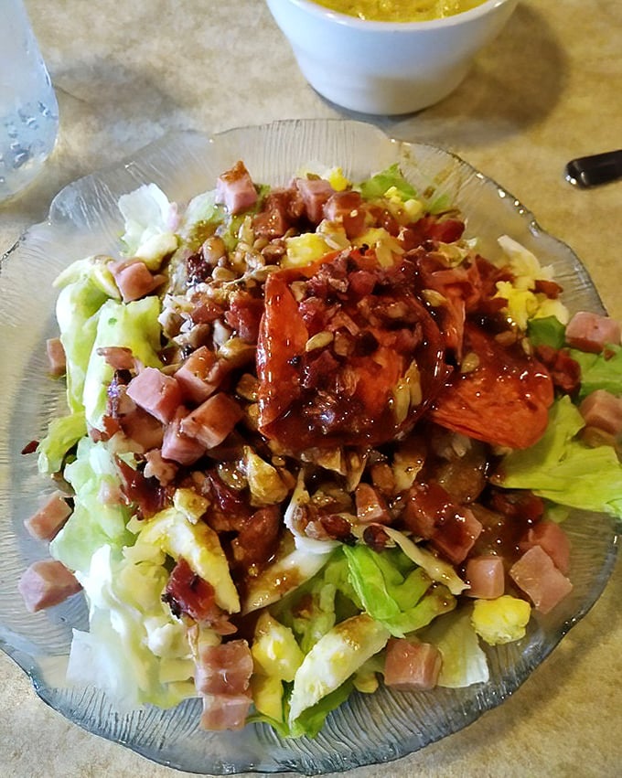 A salad that didn't come pre-washed in a plastic bag. Those chunks of ham and egg make rabbit food into something substantial.