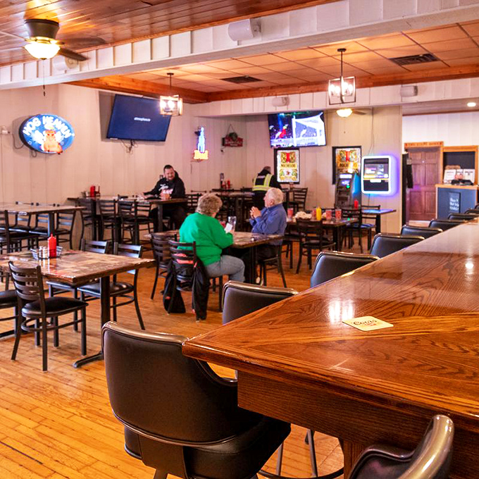 The dining room's wooden charm creates the perfect backdrop for the serious business of enjoying comfort food without pretension.