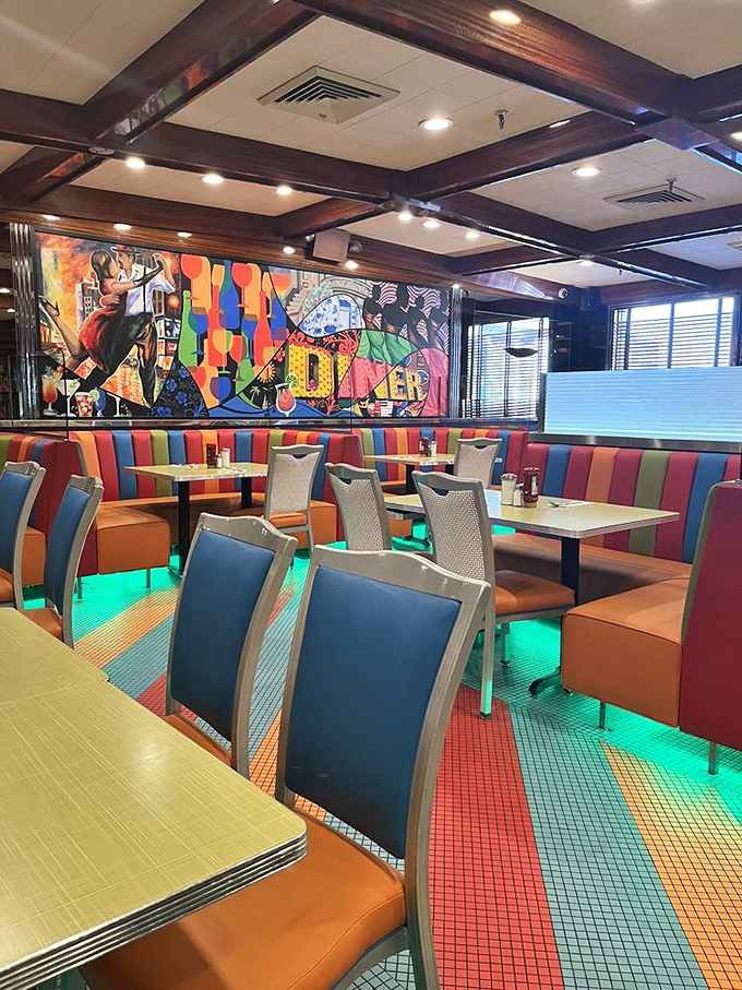 Booths so colorful and inviting, they're practically saying "sit here and eat something wonderful" in five different languages.