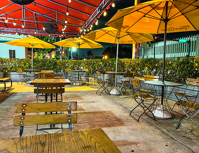 As night falls, the patio transforms into a twinkling oasis of casual dining bliss. Miami evenings were made for this exact scenario.