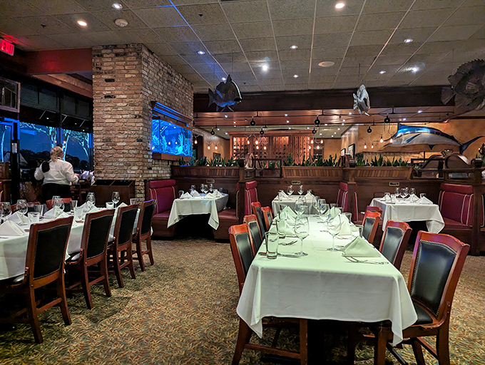 White tablecloths and comfortable seating create an inviting dining room where locals and visitors share excellent meals together.