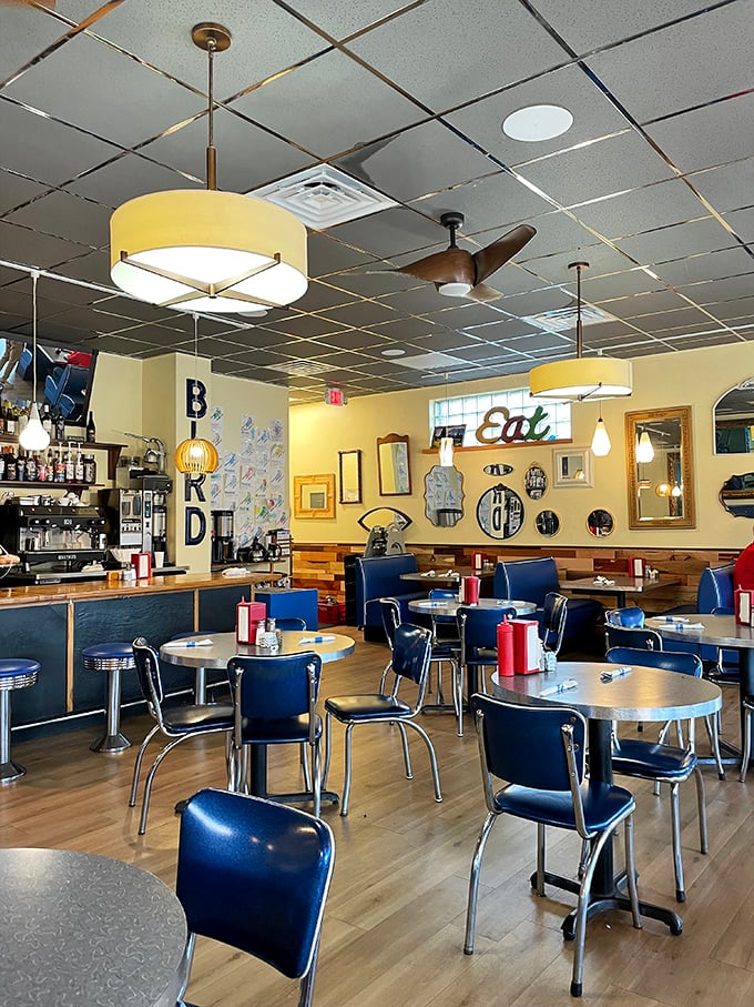 Empty chairs waiting for hungry patrons like a breakfast theater before the show&mdash;the "Eat" sign isn't a suggestion, it's a directive.