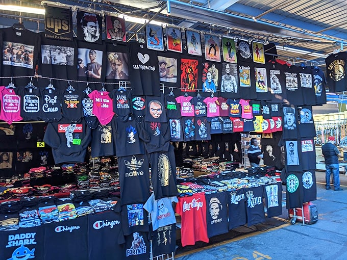 T-shirt nirvana where pop culture, music legends, and fashion collide in a kaleidoscope of wearable art. Your new favorite shirt is waiting somewhere in this display.