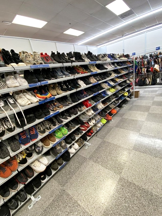 Shoe nirvana where hiking boots, beach sandals, and office oxfords coexist in pre-loved harmony.