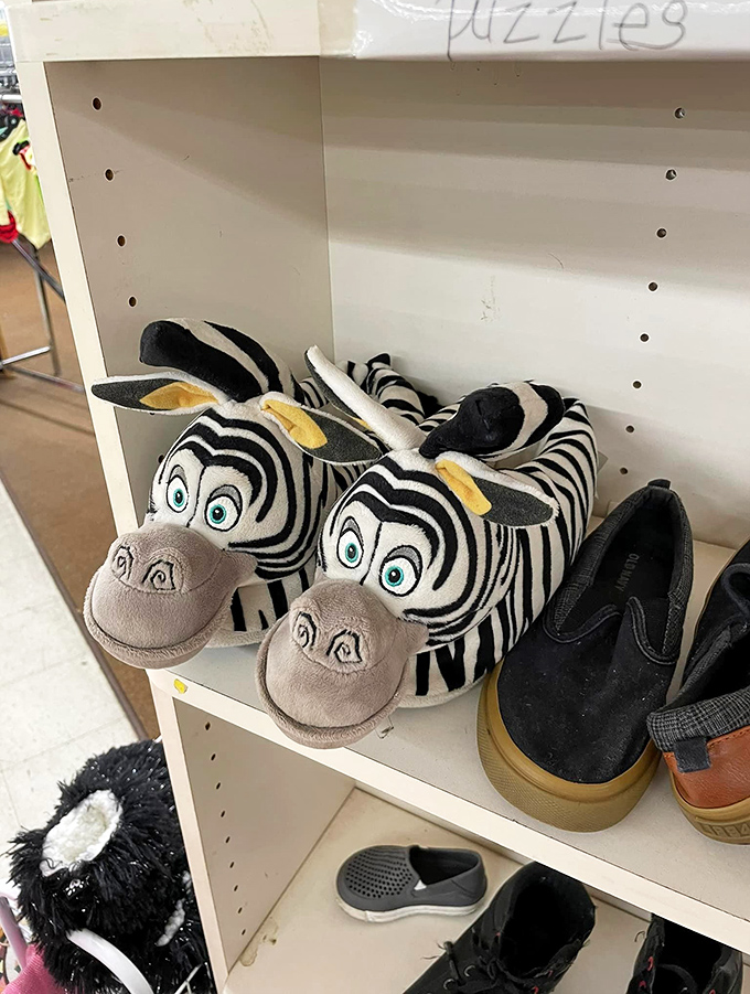 These zebra slippers prove that thrift stores are where fashion sense meets playful nonsense. Your feet have never looked this safari-chic!