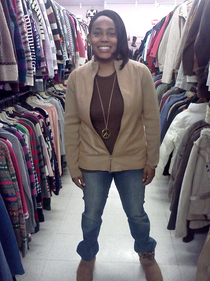 One happy shopper proves that the best outfit is the one that makes you smile.