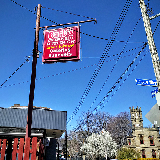The sign stands like a beacon against Pittsburgh's blue sky, promising "Eat-in, Take-out, Catering, Banquets"&mdash;and delivering on every count.