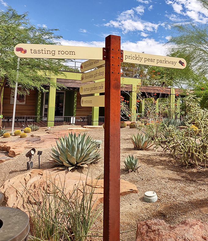 Prickly Pear Parkway might be the most delightful street name in Nevada. This rustic signpost points the way to chocolate salvation.