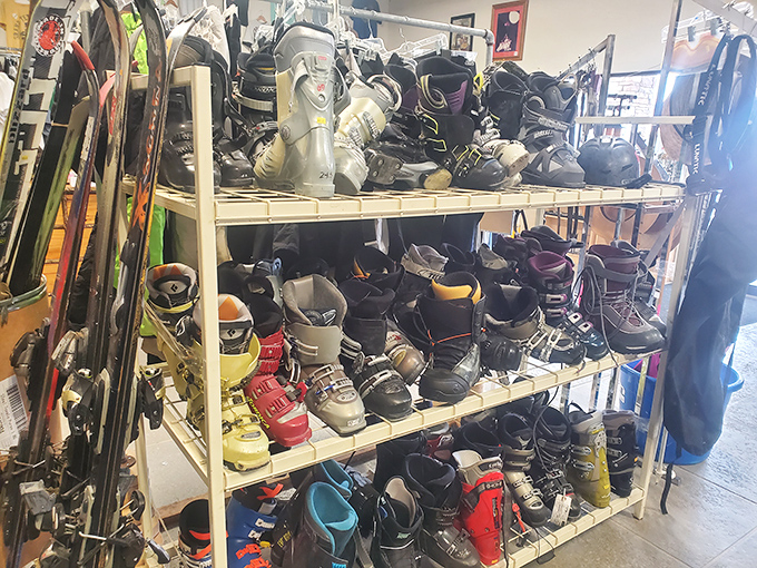 Ski boot paradise for powder hounds on a budget. Last season's barely-used Rossignols wait for fresh tracks and new adventures.
