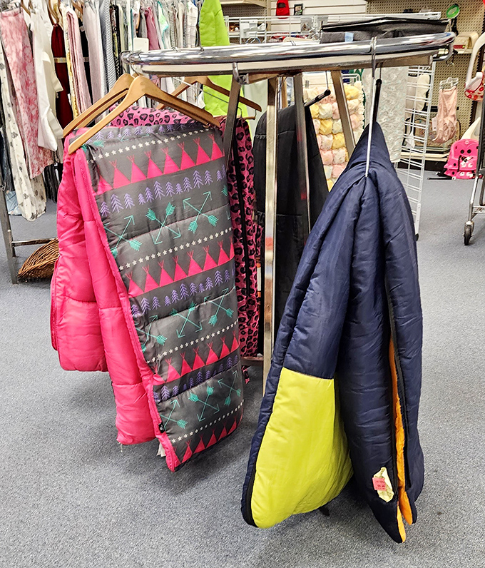 Winter coats and sleeping bags hang like colorful stalactites, waiting to warm someone through Pennsylvania's notorious cold snaps.
