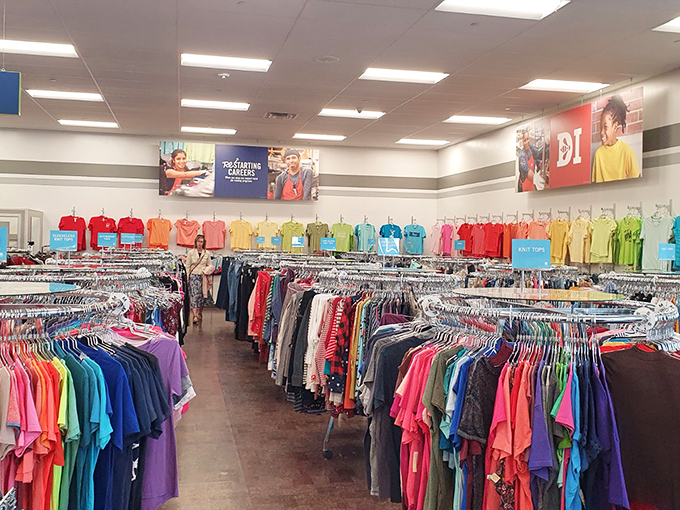 The clothing section's color coordination would make Marie Kondo weep with joy. A rainbow of possibilities hanging in perfect harmony.