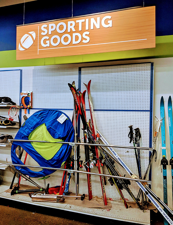 The sporting goods section: where abandoned hobbies find new enthusiasts. Those skis have stories of powder days and spectacular wipeouts.
