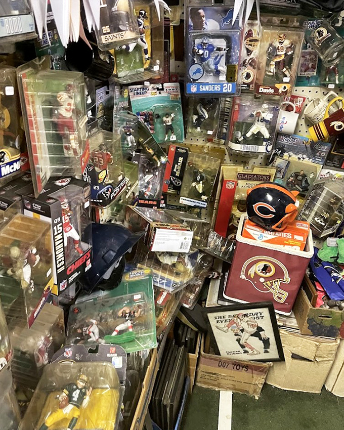 Sports memorabilia heaven—where grown men become boys again, pointing excitedly at the players who defined their childhood afternoons.