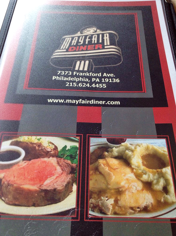 The menu cover reveals the diner's address and hints at the culinary treasures within. Prime rib and turkey dinner—decisions, decisions!