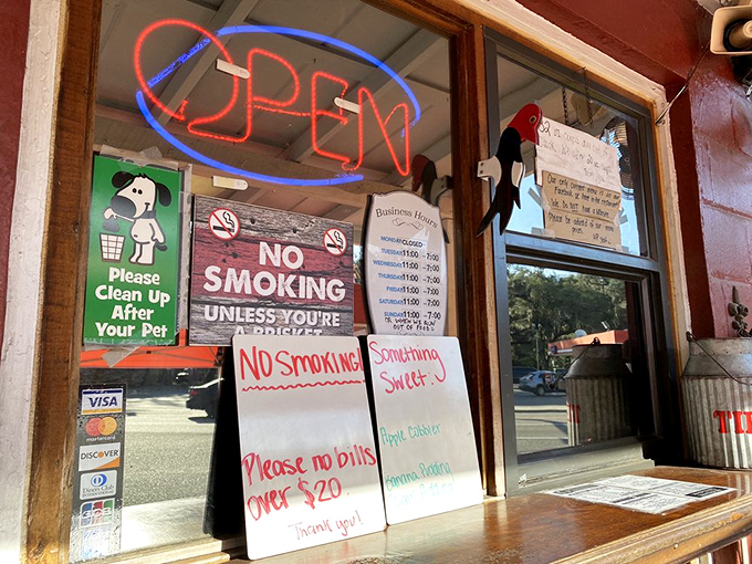 No smoking unless you're a brisket might be the best sign ever posted. The sense of humor here is as rich as the BBQ sauce.