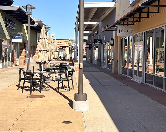 Outdoor café seating provides the perfect vantage point for people-watching—the unofficial Olympic sport of outlet mall visitors everywhere.