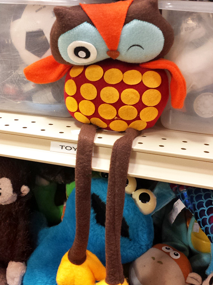 The toy section: where childhood nostalgia meets budget-friendly parenting. This winking owl plush is ready for his forever home.