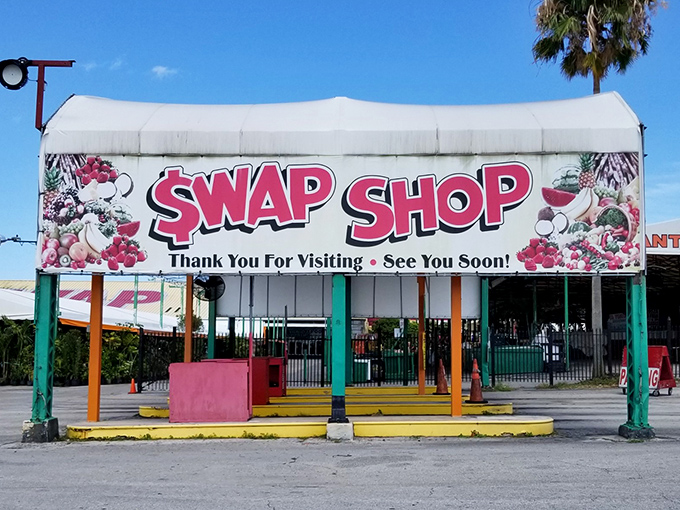 The cheerful farewell sign that somehow always feels premature. "See you soon" isn't just courtesy&mdash;it's an inevitability for Swap Shop converts.