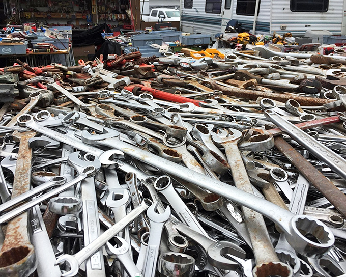 Tool paradise for the mechanically inclined. One person's rusty wrench is another's vintage treasure in this sea of metal possibilities.