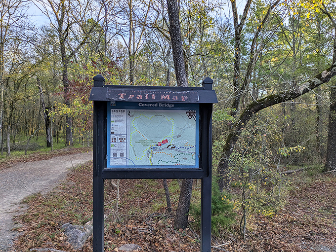 The trail map promises more discoveries beyond the bridge&mdash;a choose-your-own-adventure book brought to life in Burns Park.