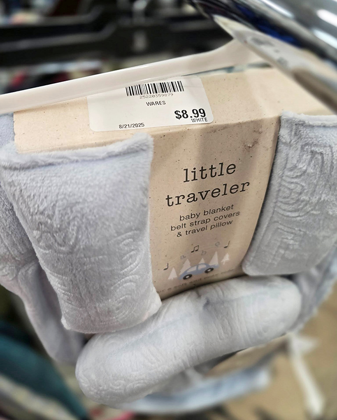 Baby items with tags still attached remind us that little ones outgrow things faster than parents' budgets can keep up.