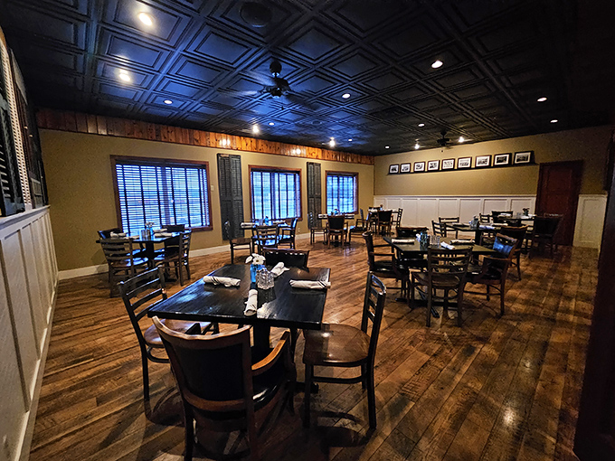 The upper dining area combines rustic charm with understated elegance. Like your stylish friend who still knows how to fish.