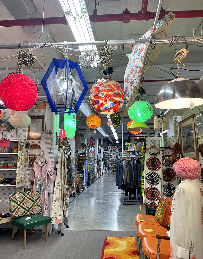Vintage lighting fixtures dangle like colorful planets in this galaxy of retro treasures, illuminating pathways through decades of American design.