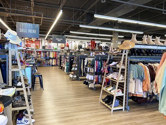 "Sell Here" signs remind shoppers this fashion ecosystem thrives on both buying and selling&mdash;a sustainable cycle that keeps closets fresh and wallets happy.