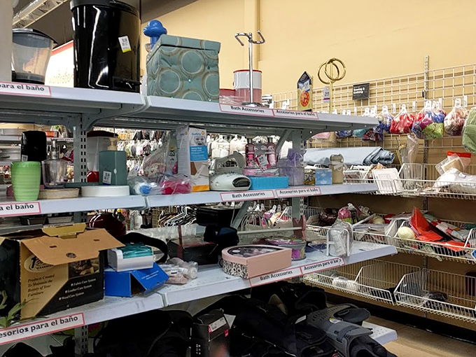 Bathroom accessories and gadgets line the shelves like contestants on a game show called "What Even Is That Thing?"