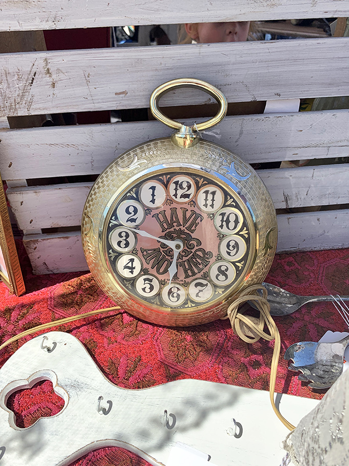 Time literally goes backward on this whimsical clock, reminding us that at flea markets, yesterday's treasures become tomorrow's finds.