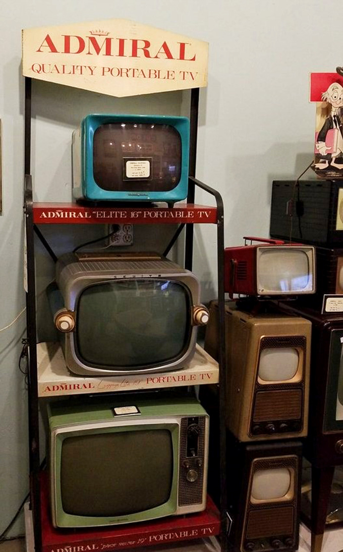 The Admiral display showcases the evolution of the portable TV. Remember when "portable" meant "slightly less impossible to move than a refrigerator"?