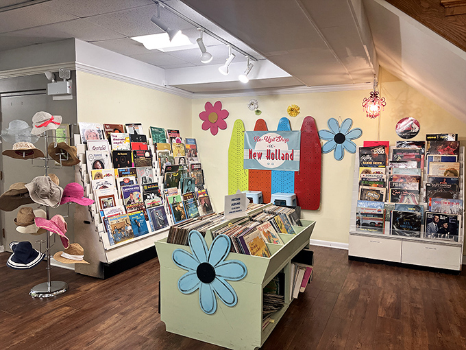 The record section &ndash; where musical nostalgia gets a colorful, flower-powered home. Vinyl hunters can dig through decades of sonic history.