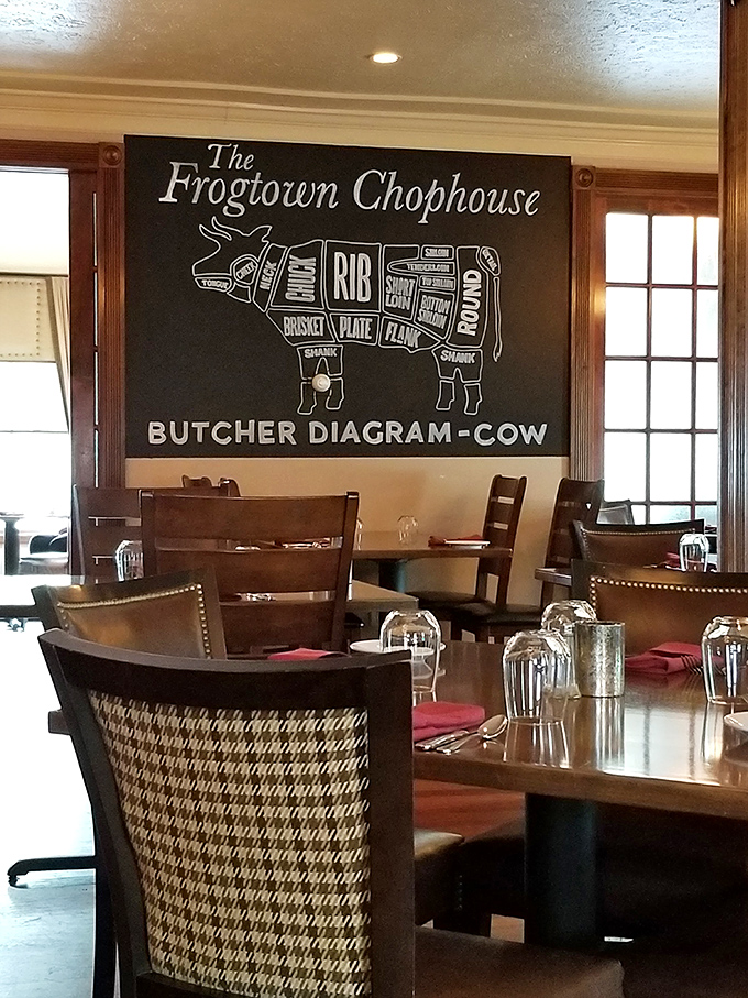 A butcher diagram on the wall signals serious beef credentials&mdash;this is where carnivores come to celebrate their choices.