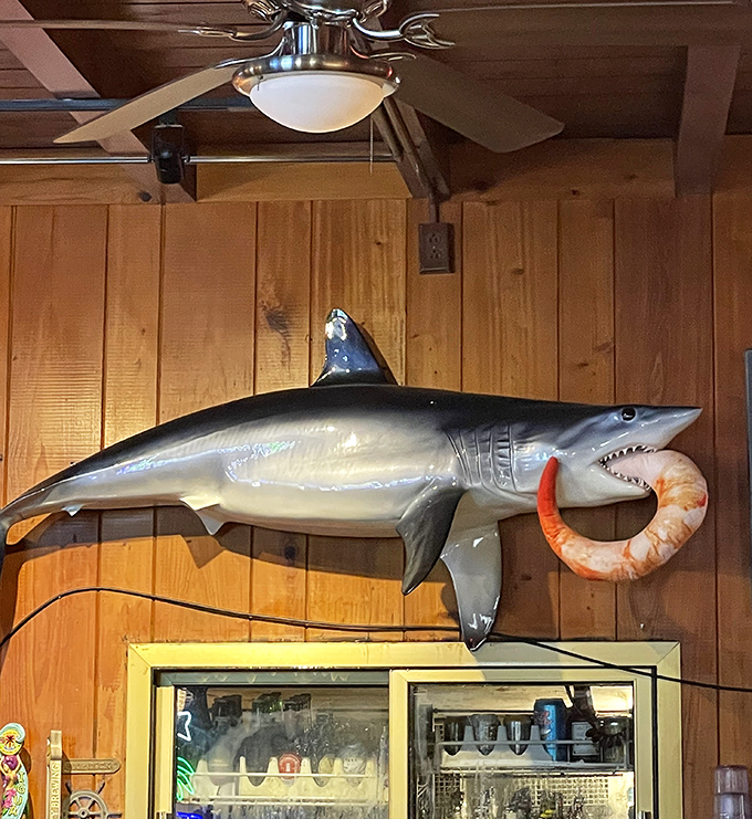 That shark decoration isn't just for show &ndash; it's a reminder of whose waters you're dining in! Florida Keys decor at its most authentic. 
