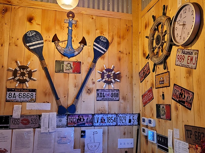 Ship's wheels and license plates tell tales of maritime adventures, real or imagined.