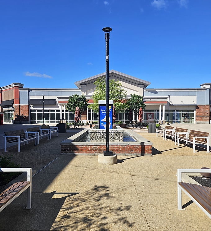 Water features and benches create an oasis for contemplating your next strategic shopping move.