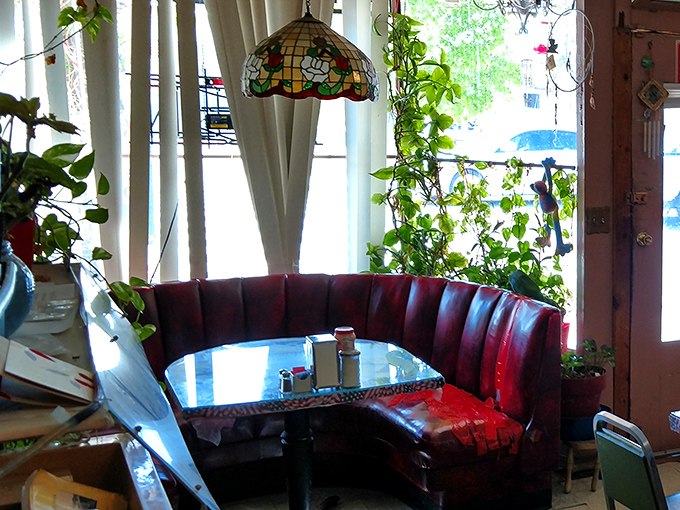 The corner booth bathed in natural light, where hanging plants and stained glass create the perfect spot for lingering over that last cup of coffee.